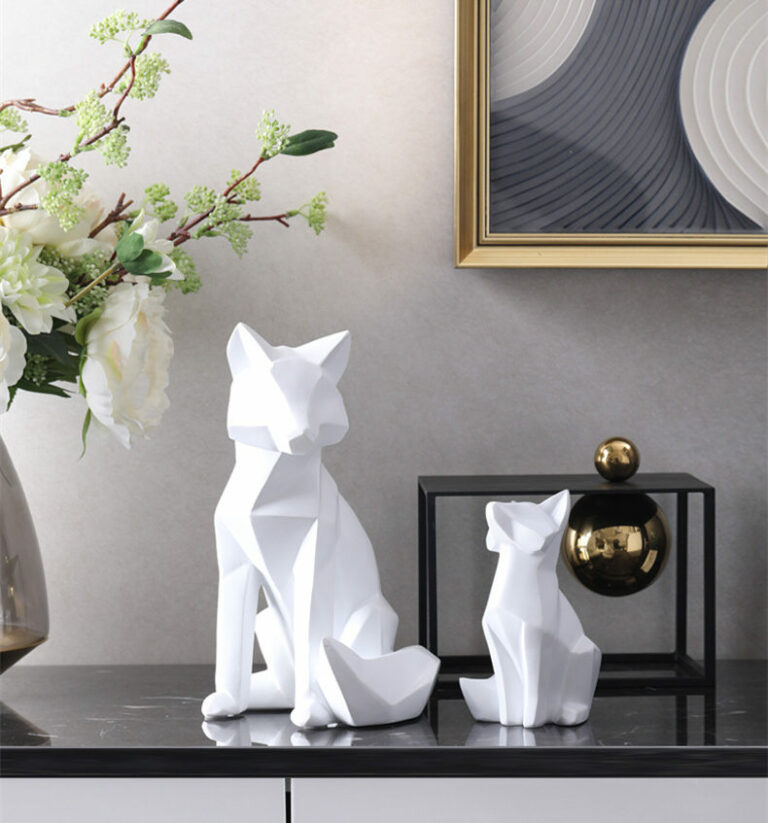 White Abstract Fox Sculpture Set Geometric Mother Son Figurines ...