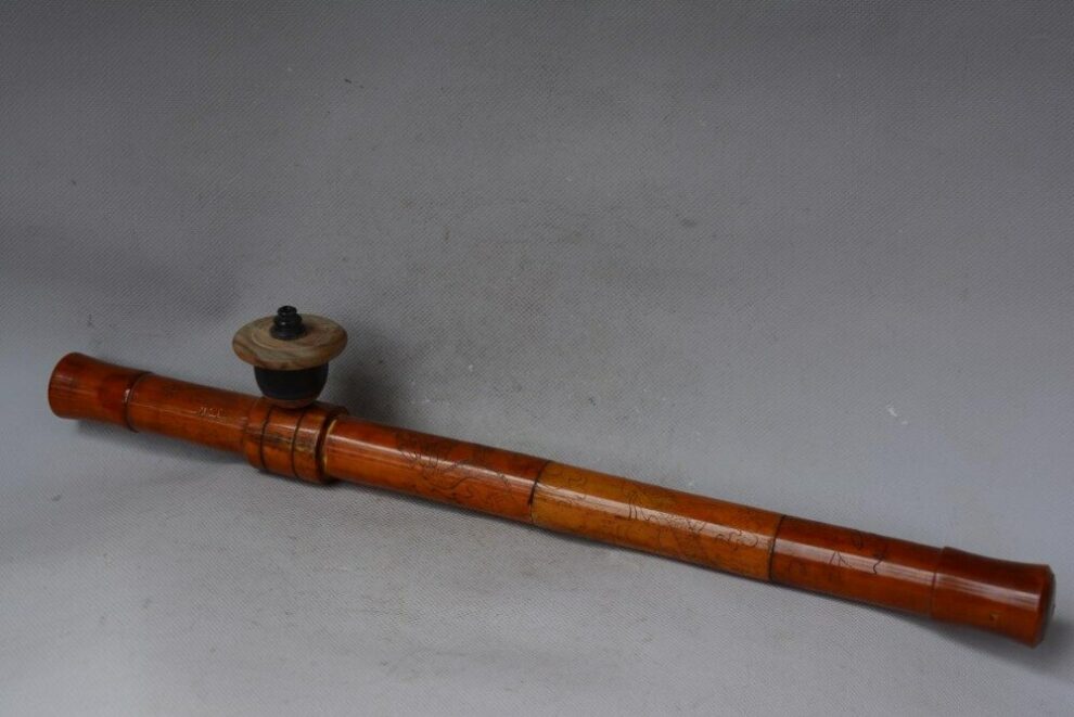 1842 Qing Dynasty Rare Bone Pipe With Intricate Carving Patterns And ...